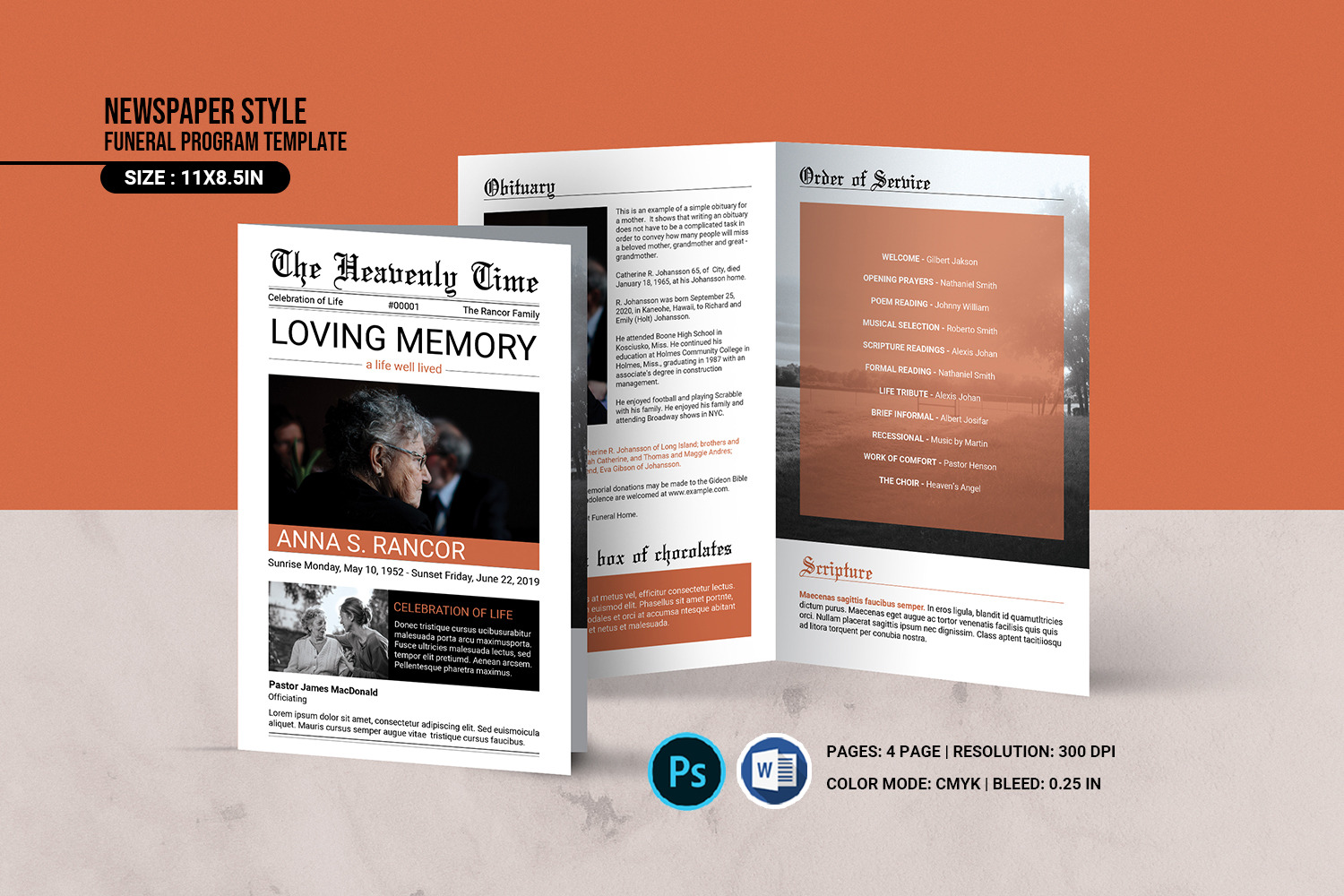 Newspaper Style Funeral Program, a Brochure Template by retrographix