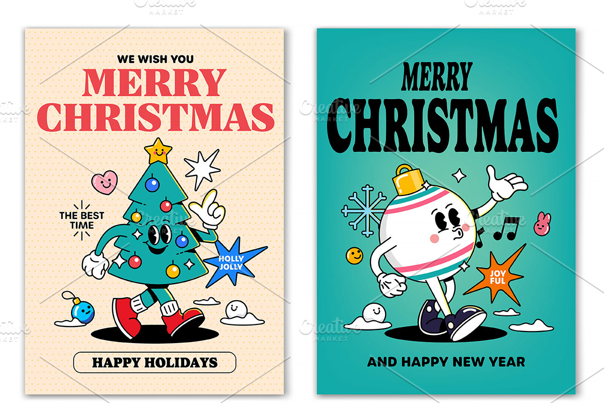 Groovy Christmas poster templates, a Seasonal Illustration by Creative ...