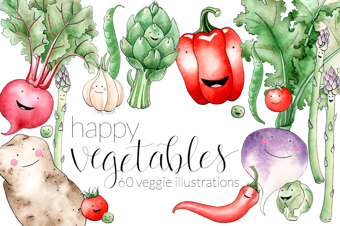 Happy Watercolor Vegetables, a Food Illustration by AmberLenaEngle
