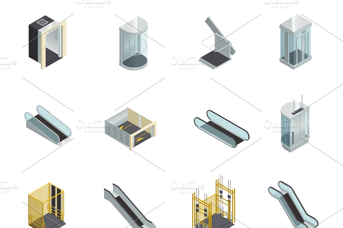 Elevator isometric icons set, an Icon by Macrovector