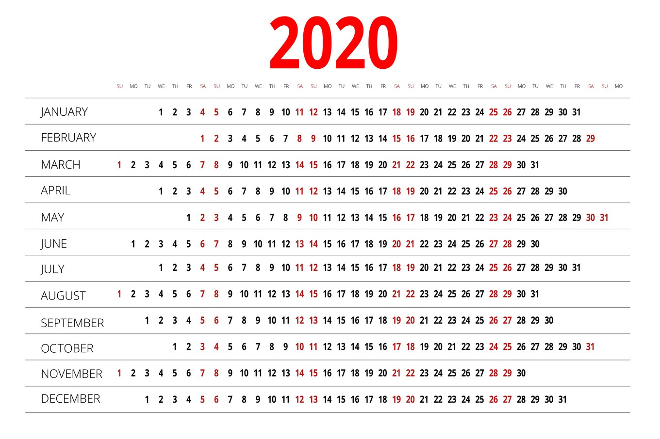 2020 calendar. Print Template. Week Starts Sunday. Portrait Orientation ...