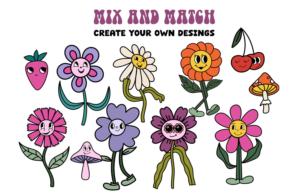 Flower Power Groovy Png Clipart Set, an Object Graphic by Brush Lab