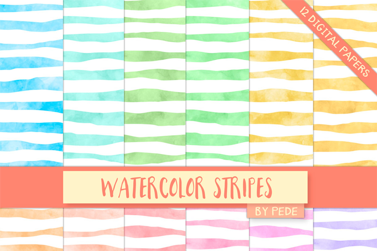 Watercolor stripes digital paper, a Pattern Graphic by PeDe Designs
