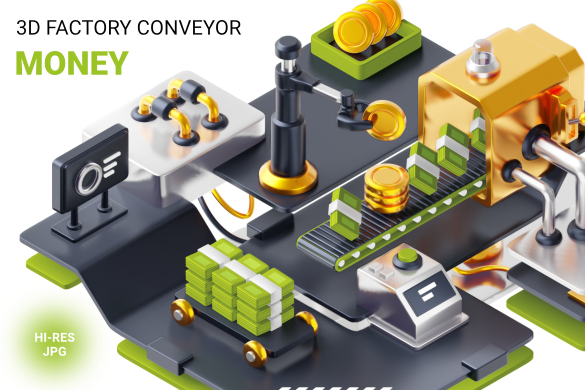 3d money factory, a Finance Illustration by wowomnom | Creative Market