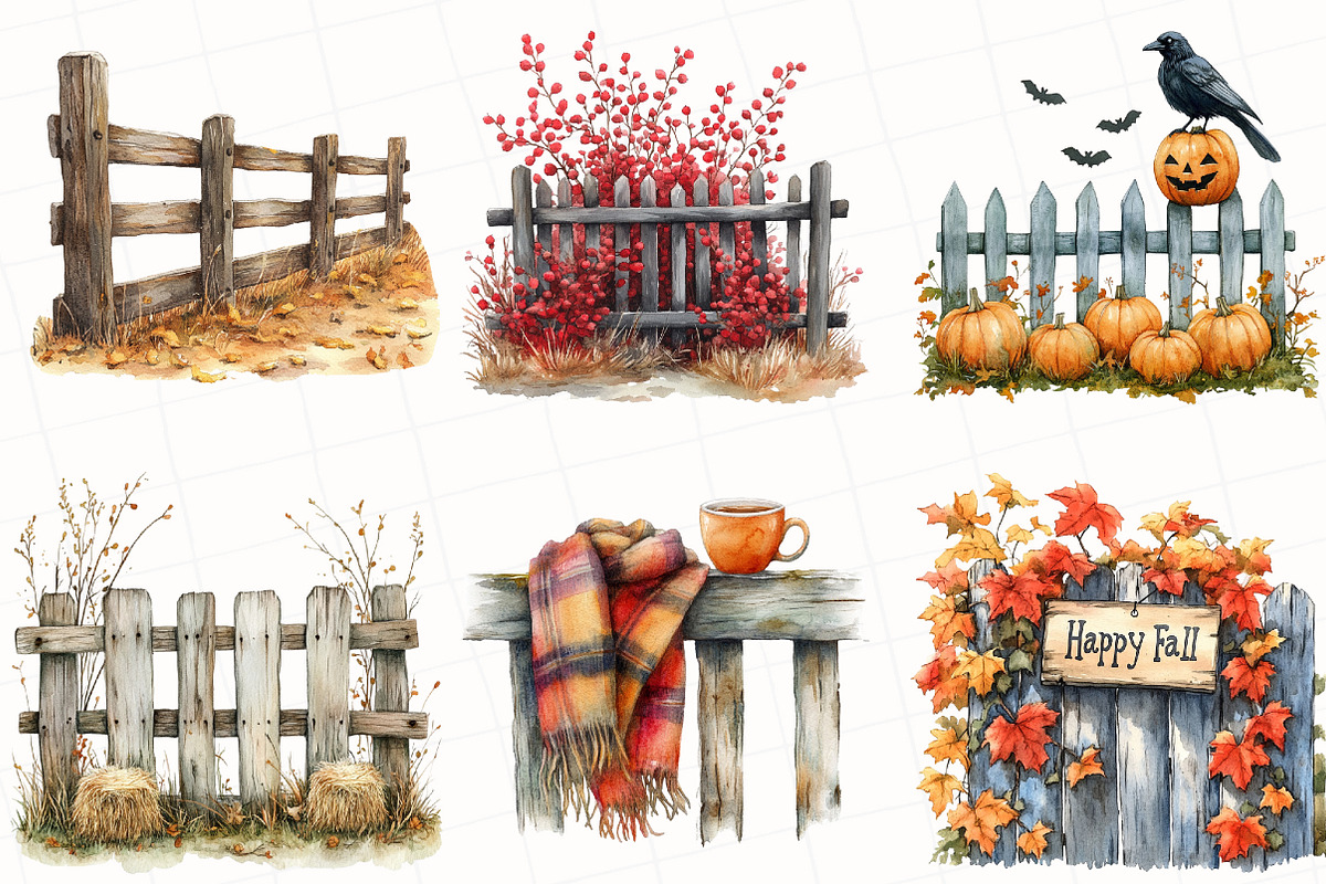 Watercolor Autumn Fence Clipart, an Illustration by OK Design