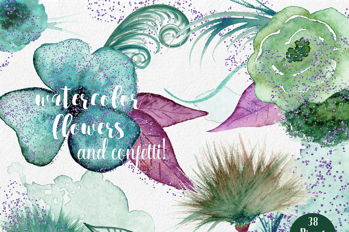 Teal & Purple Watercolor Floral Set, a Texture Illustration by ...