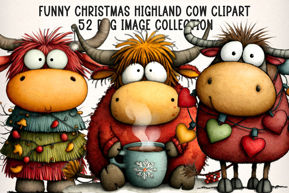 Funny Christmas Highland Cow Clipart, an Illustration by Dream Creation
