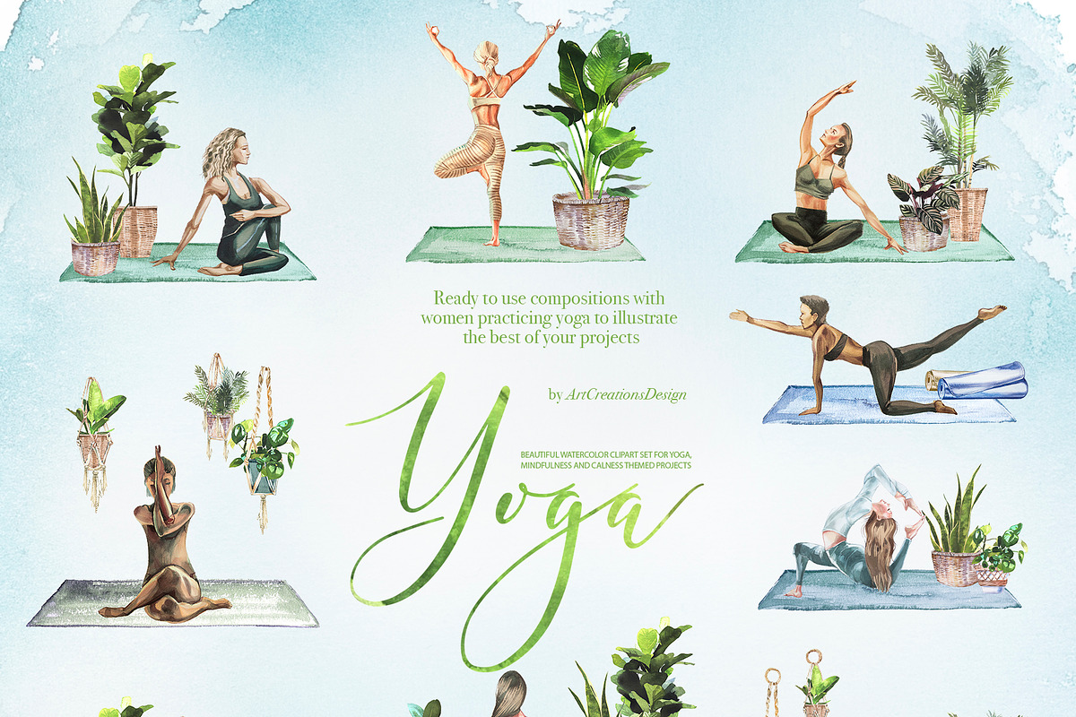 Watercolor Yoga Clipart Set, a Healthcare Illustration by ...