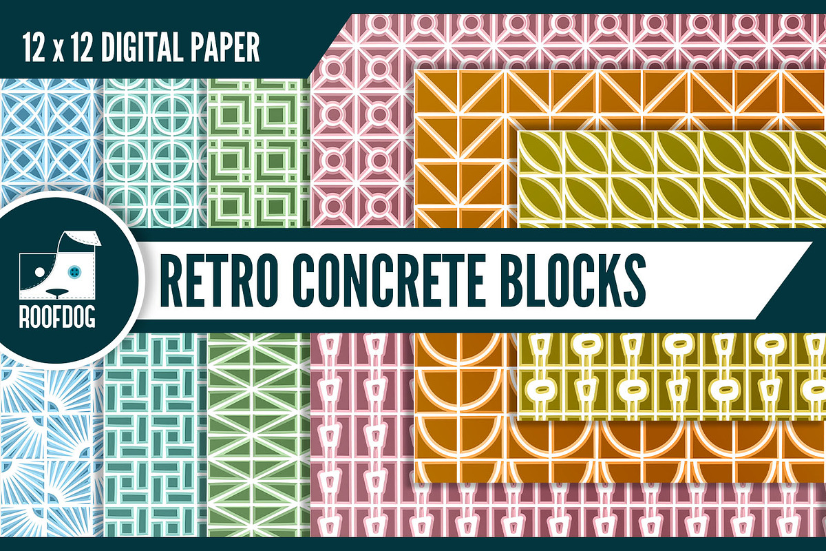 Retro concrete block digital paper, a Pattern Graphic by Roofdog Design