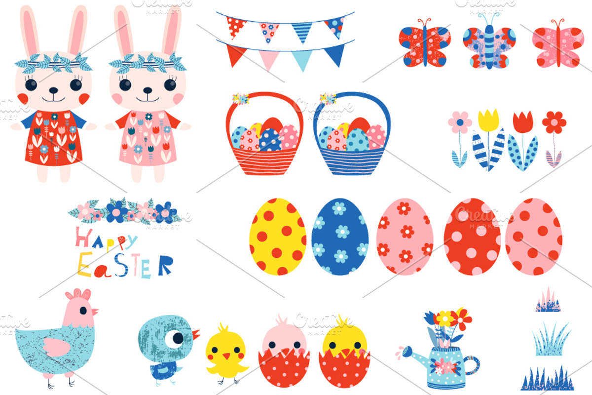 Cute Happy Easter clipart set, an Animal Illustration by Pravokrugulnik