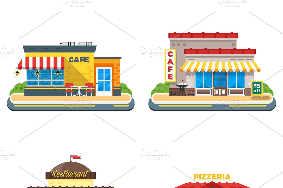 Colorful cafe buildings icons set, an Icon by Macrovector | Creative Market