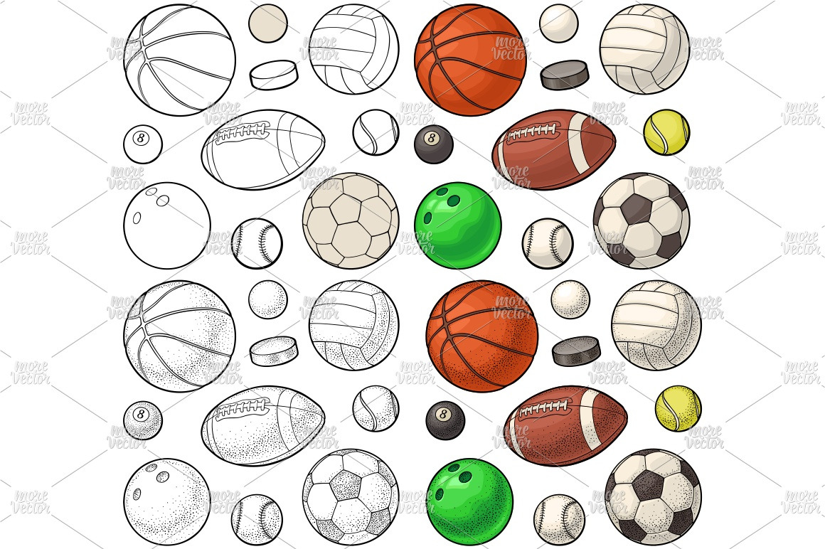 Set sport balls icons. Engraving, an Object Graphic by MoreVector