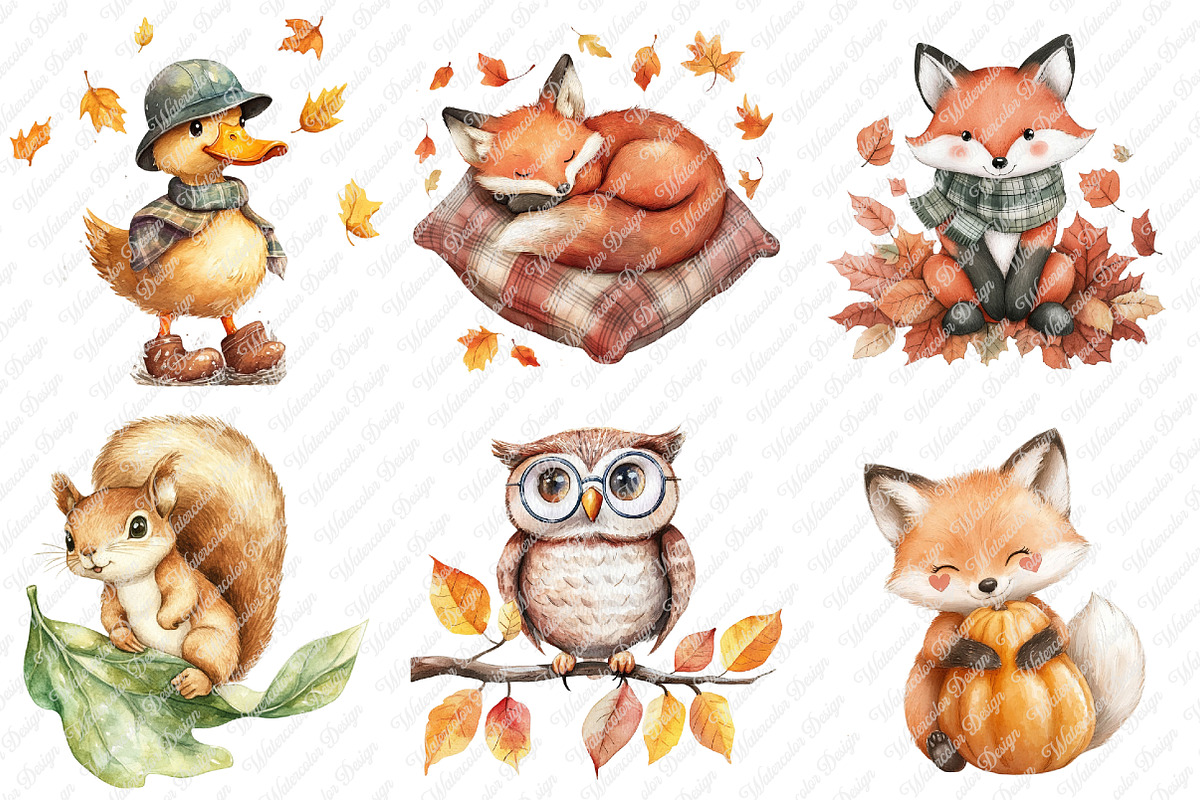 Autumn Cute Animals Clipart, an Illustration by Watercolor design
