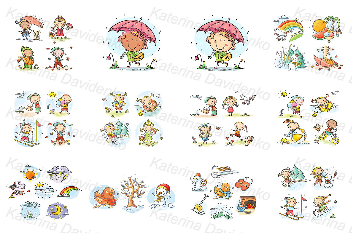 Hand drawn cartoon seasons & weather, a Seasonal Illustration by Bubert Art