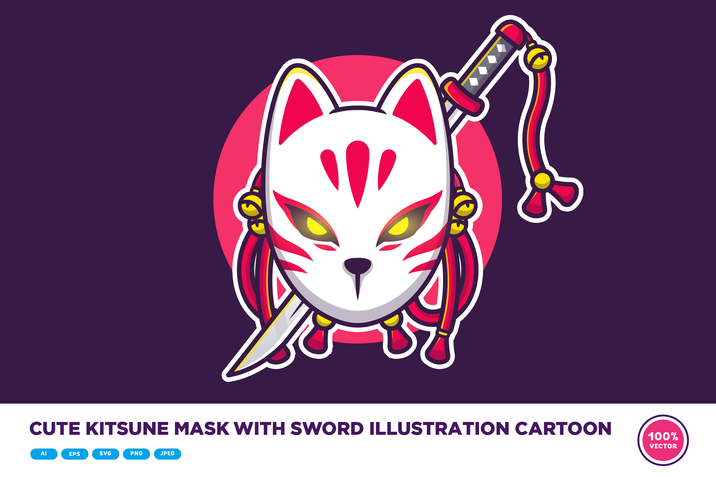 Cute Kitsune Mask With Sword Cartoon, a Decorative Illustration by ...