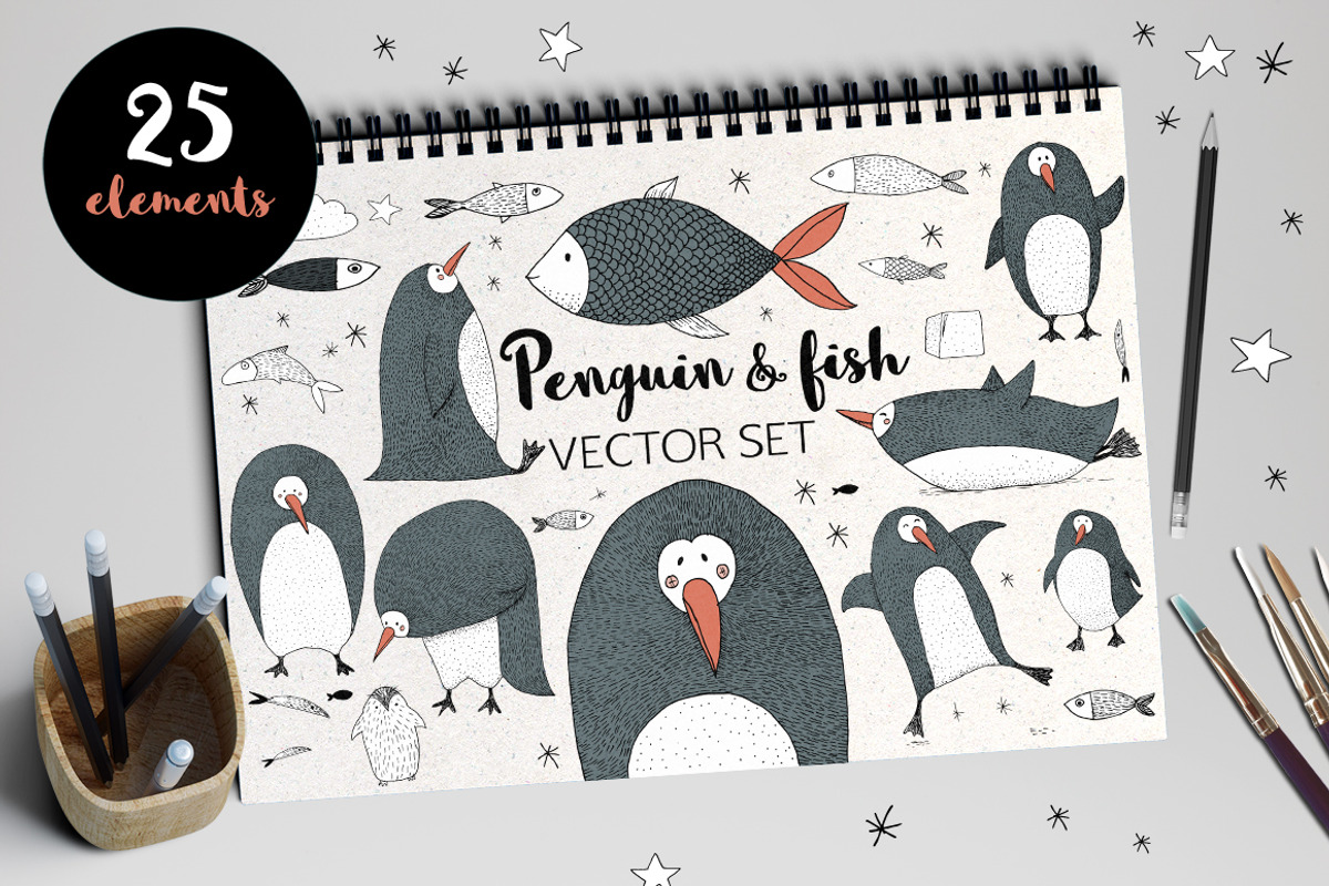 Penguin and Fish VECTOR set, an Animal Illustration by Bibela