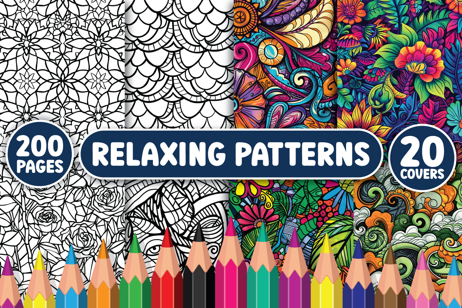 200 Relaxing Patterns Coloring Pages, an Illustration by BrightMart