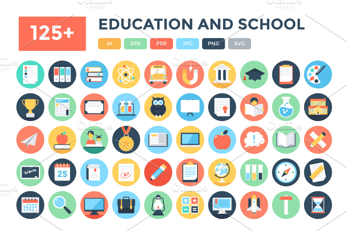 125+ Flat Education and School Icons, an Icon by Vectors Market