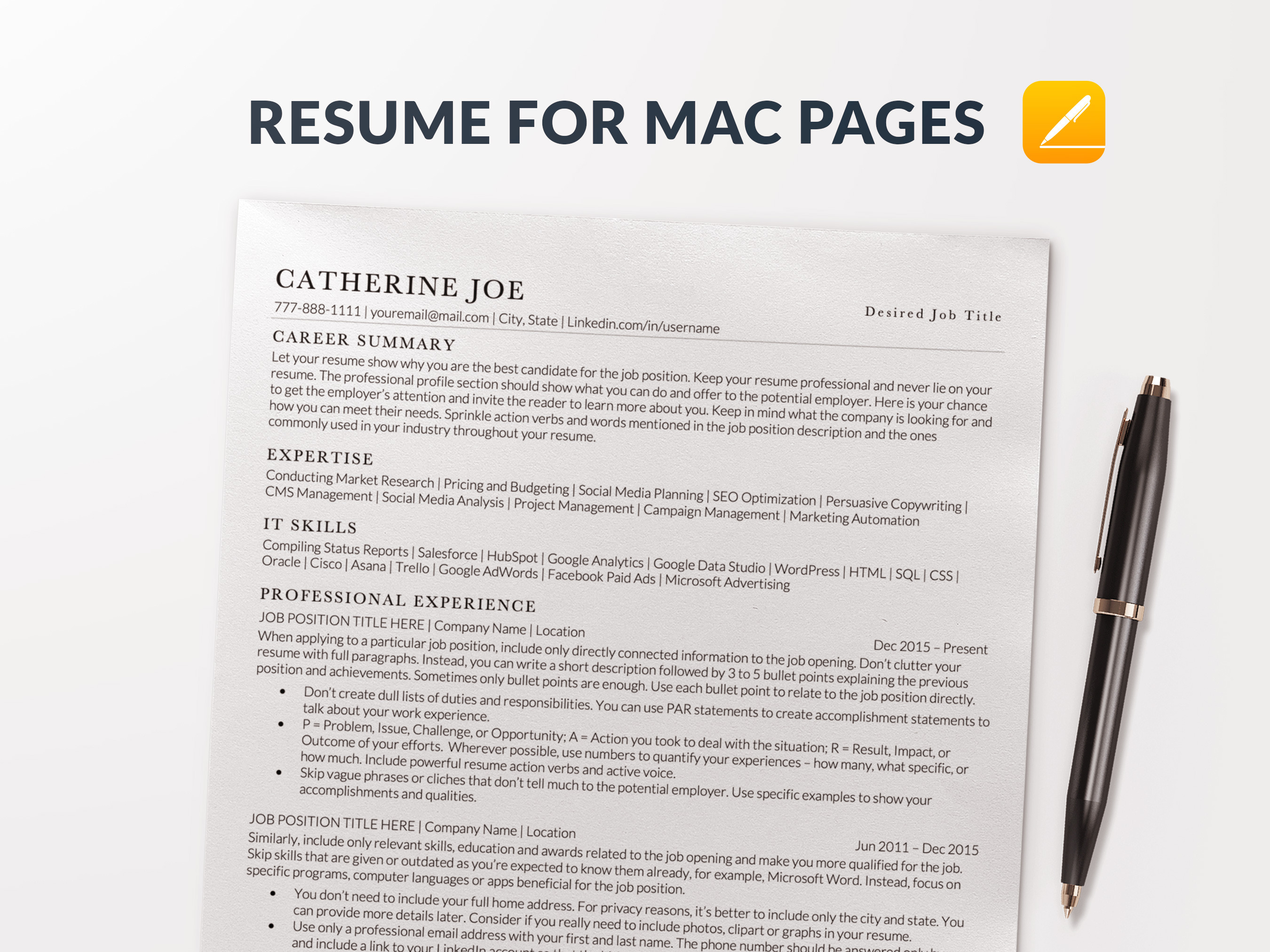 Resume Template for Apple Mac Pages | Creative Market