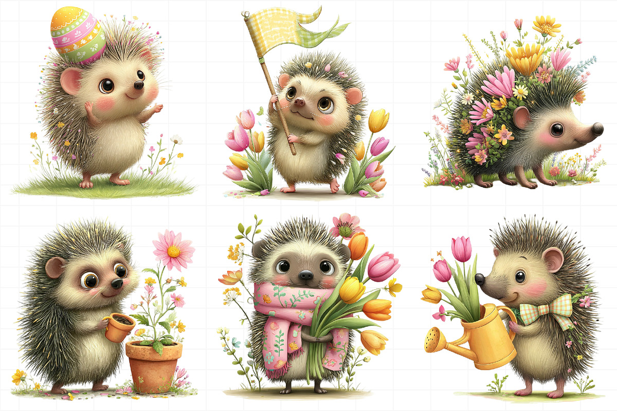 Whimsical Spring Hedgehog Clipart, an Illustration by Daily.Designs