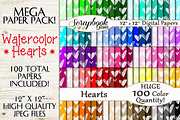 100 Colors Watercolor Hearts Papers, a Pattern Graphic by Scrapbook Gems