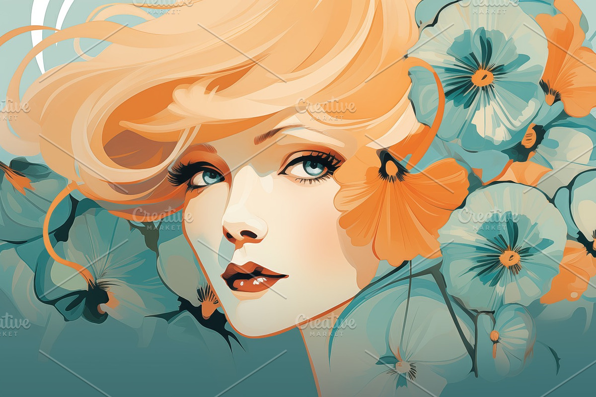 A stylized art deco illustration of a woman with flowing blonde hair ...