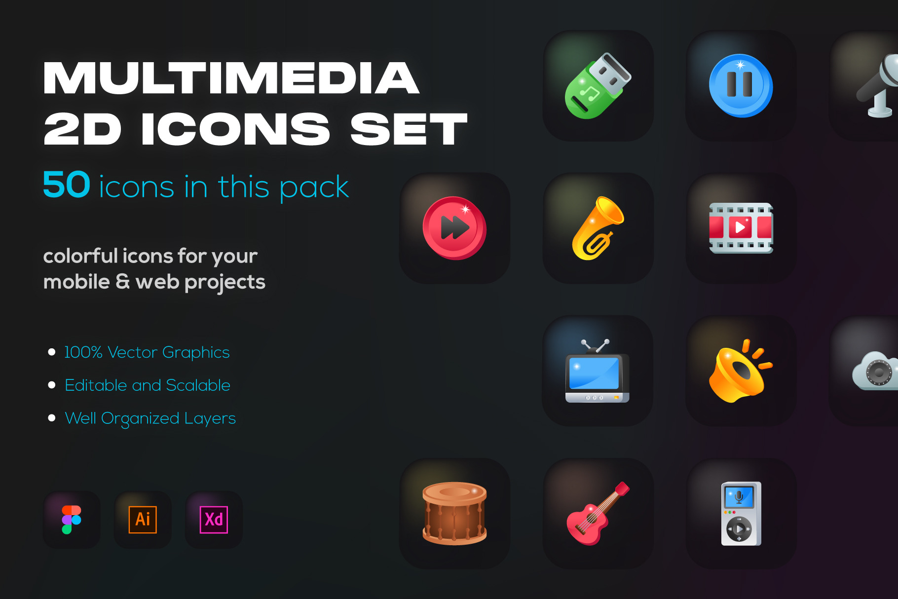 50 Music and Multimedia Icons