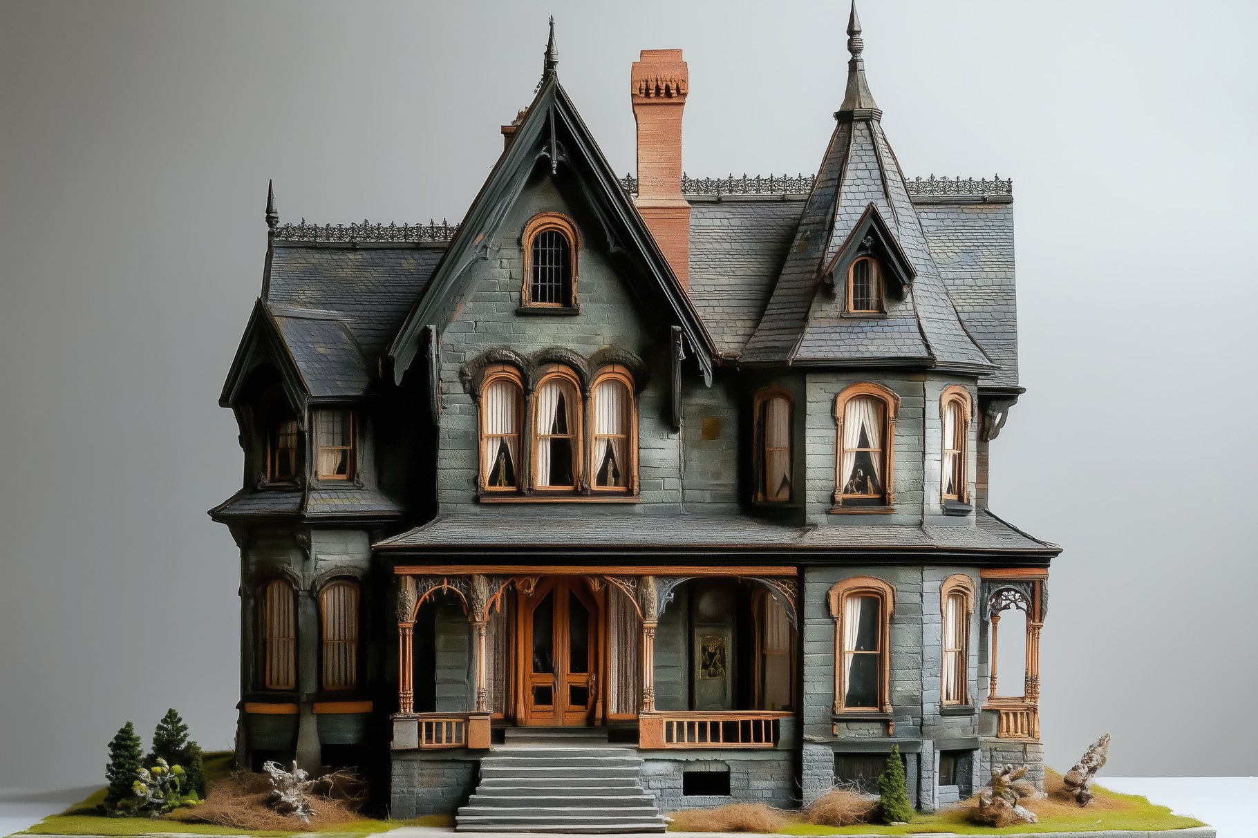 A detailed model of a Gothic Revival Victorian-style mansion with ...