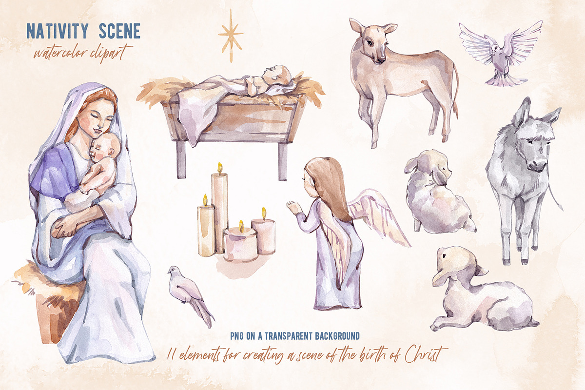 Nativity scene 3. Watercolor set, a Decorative Illustration by VerAna
