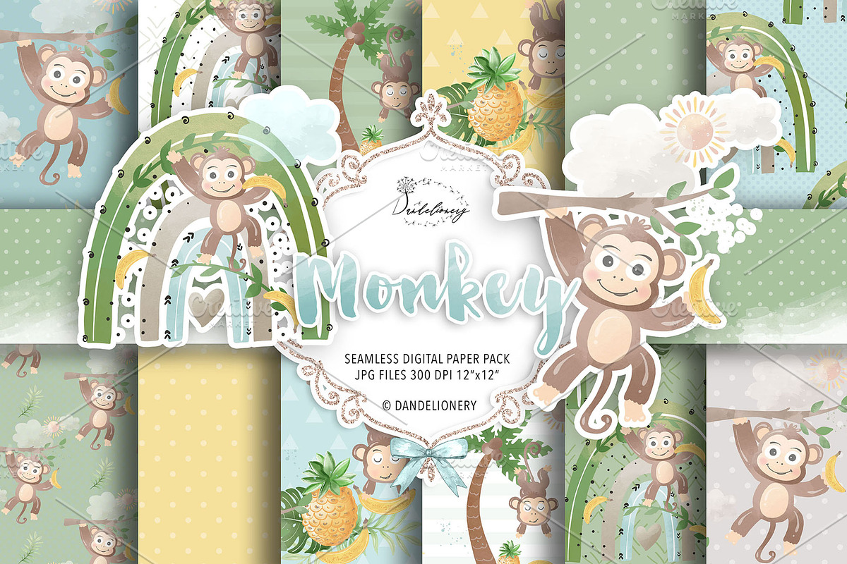 Cute Monkey digital paper pack, a Pattern Graphic by designloverstudio ...