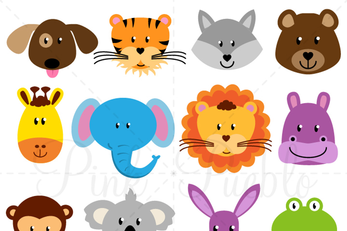Animal Faces Clipart and Vectors, an Animal Illustration by PinkPueblo