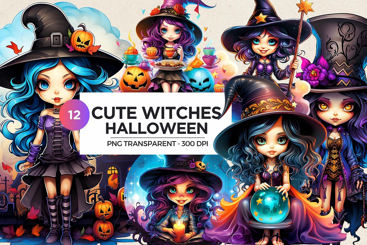 12 Cute Halloween Witch Clipart PNG, a Seasonal Illustration by ...