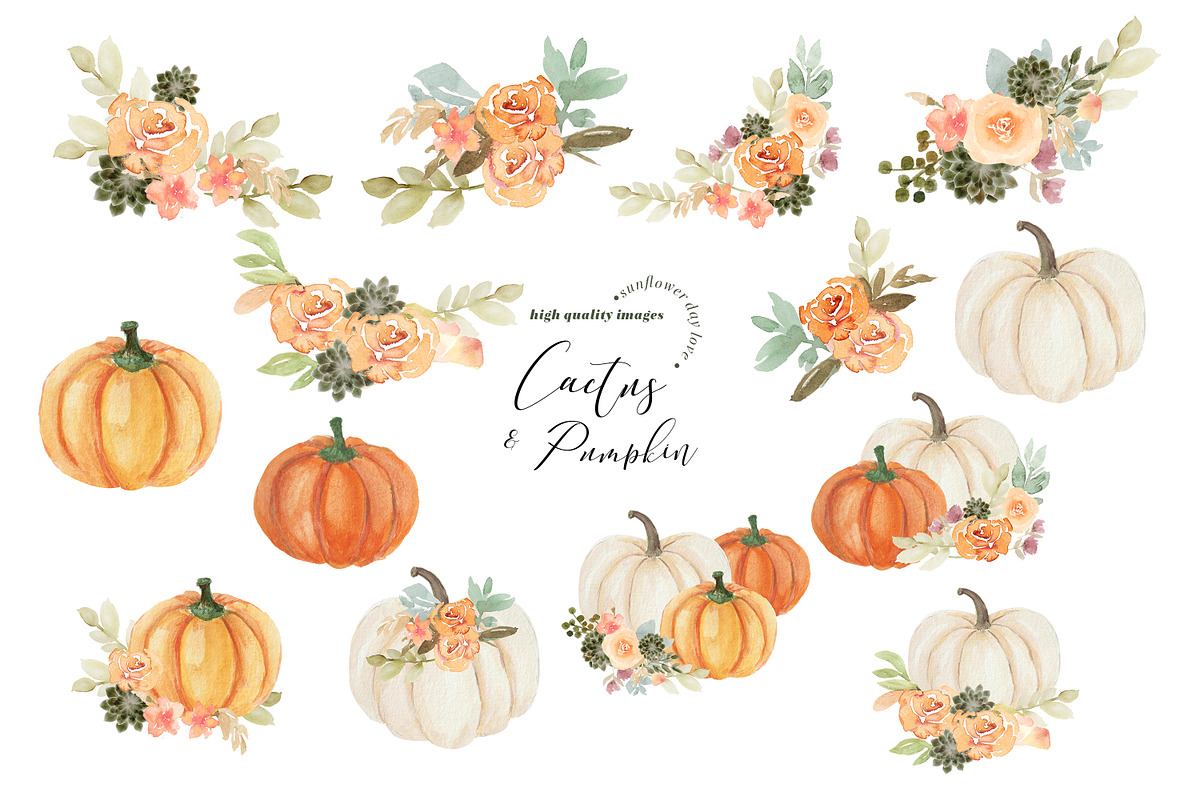 Orange Pumpkins Green Cactus Clipart, an Illustration by Sunflower Day Love