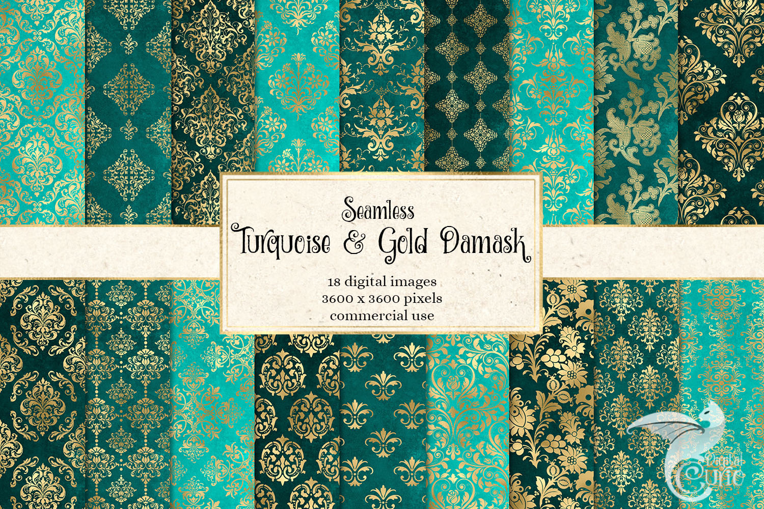 Turquoise & Gold Damask Patterns, a Pattern Graphic by Digital Curio