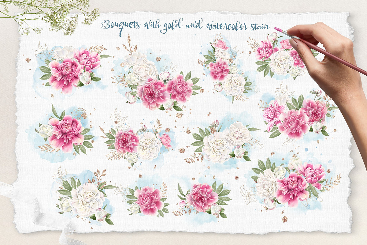 Watercolor flowers Peonies clipart, an Illustration by Yuliya Art