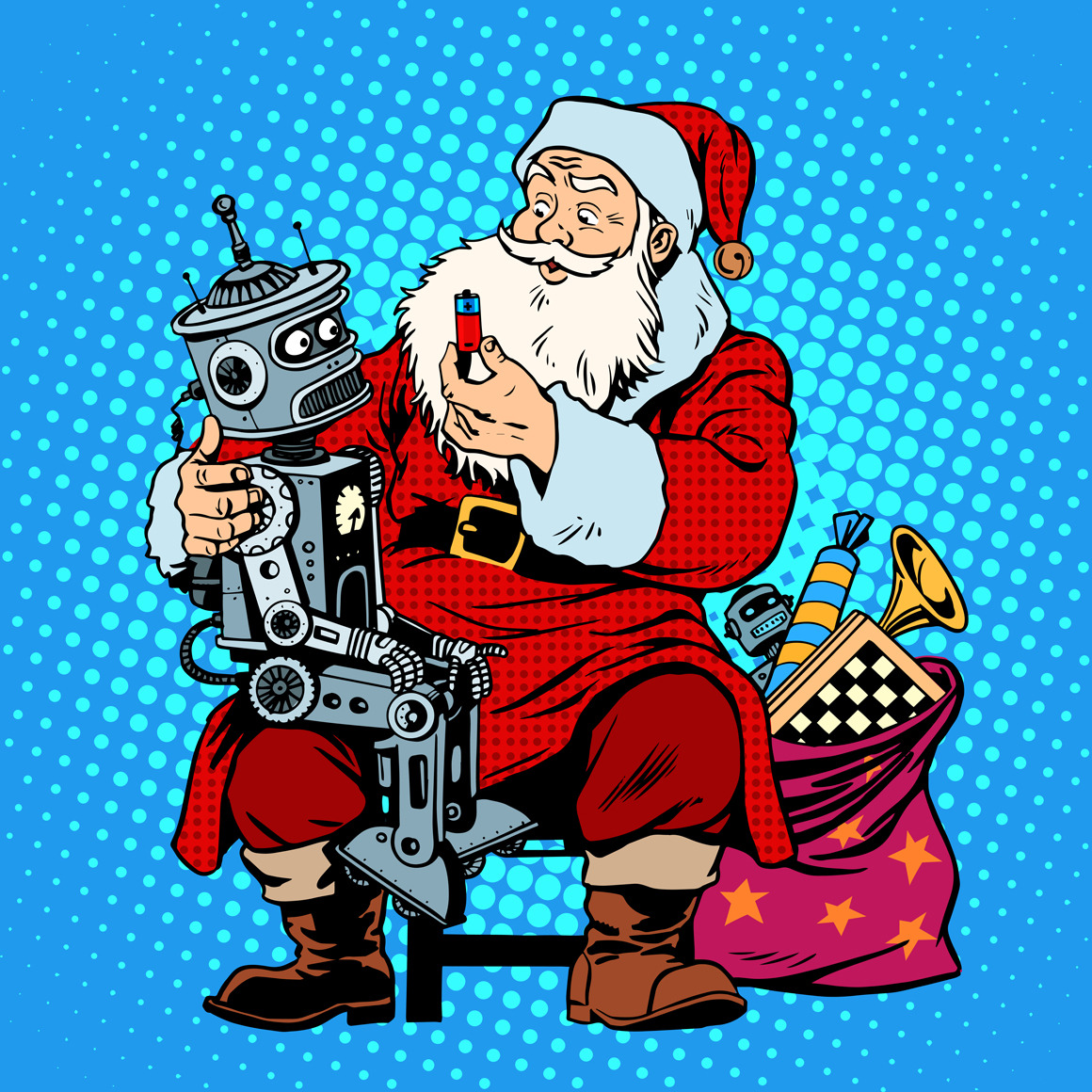 Santa Claus gift robot battery, an Illustration by studiostoks
