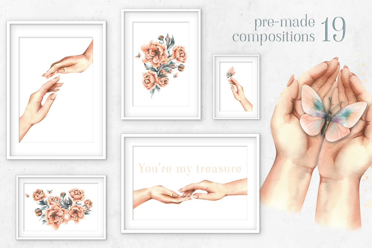 Hands and peonies watercolor clipart, a Person Illustration by NATASHA CHU