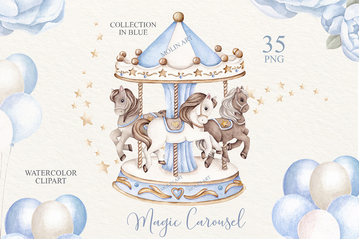 Carousel Watercolor Clipart Blue, an Illustration by MolinArtStudio