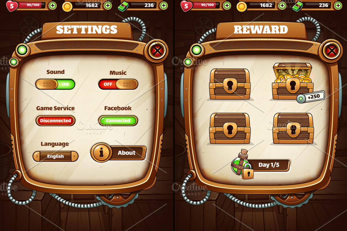 Steampunk GUI with Level Map, an Illustration by wowu | Creative Market