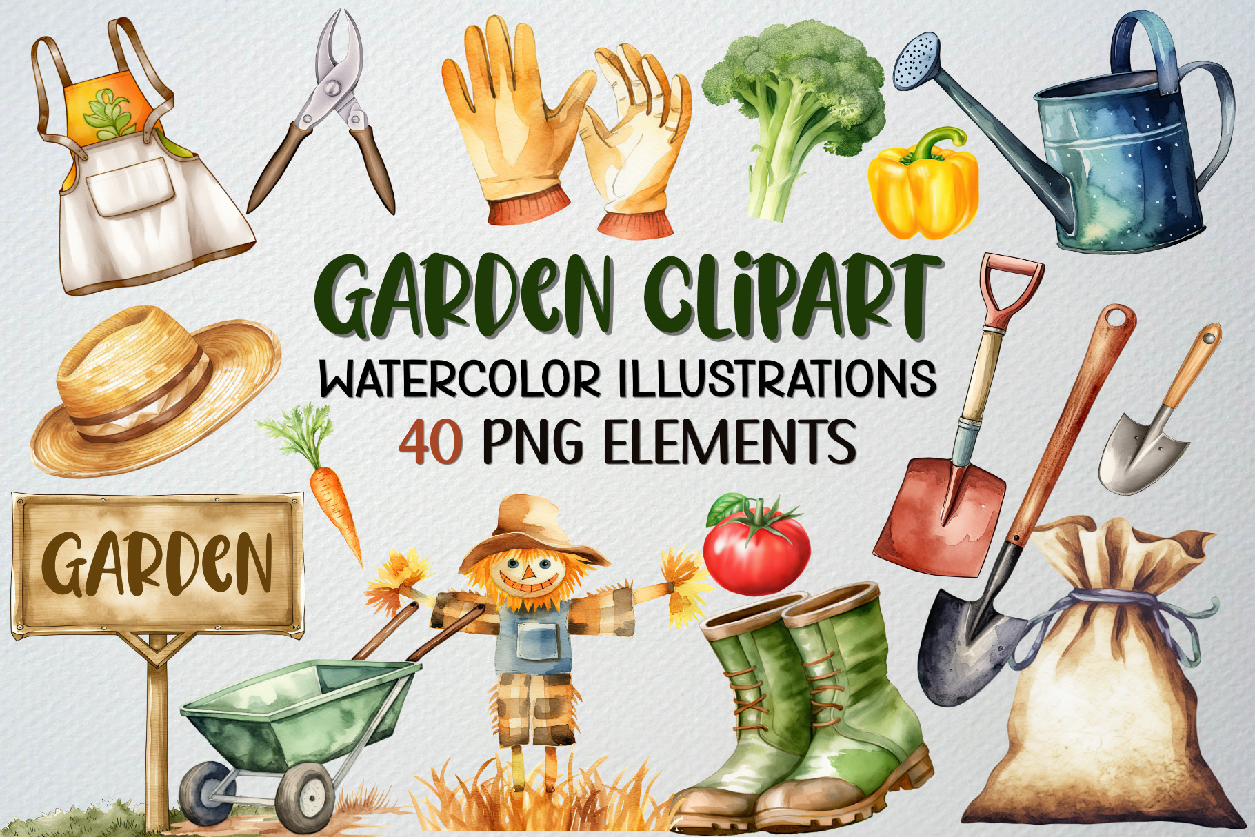 Watercolor Garden Clipart Set, 40 PNG