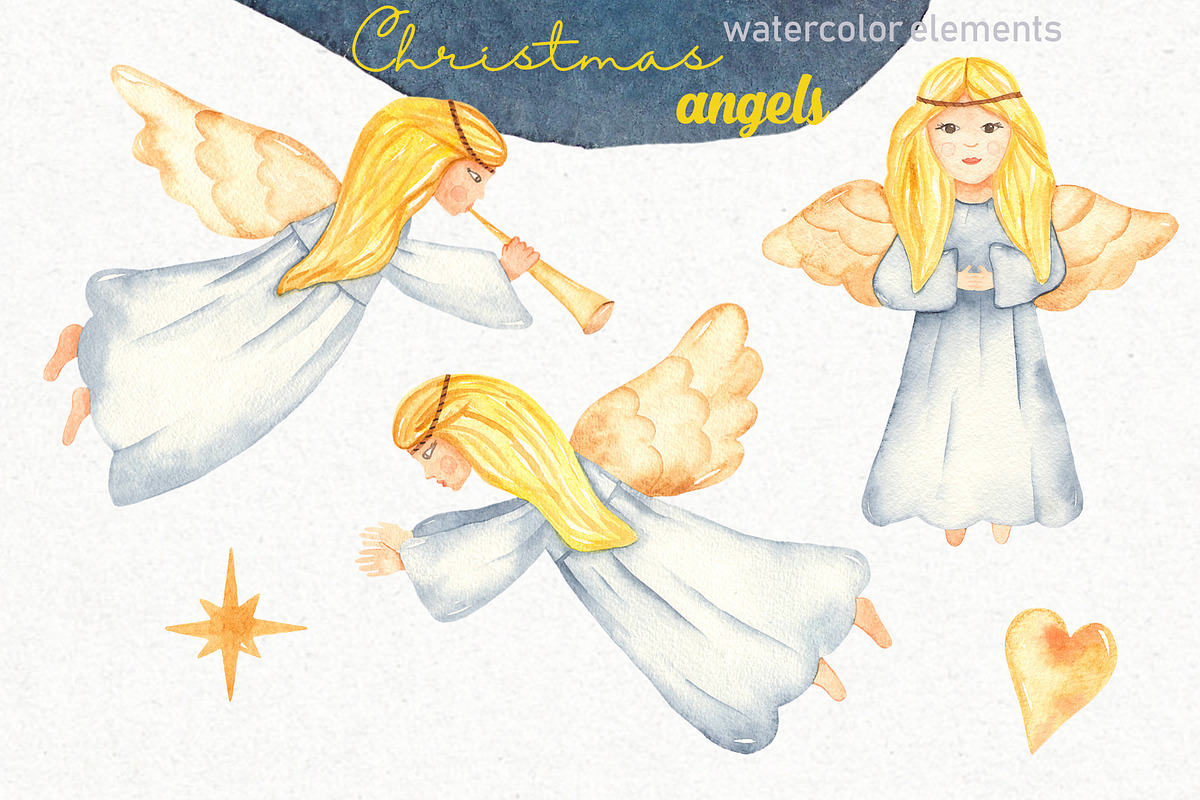 Christmas angels Watercolor clipart, an Illustration by Marina Ermakova