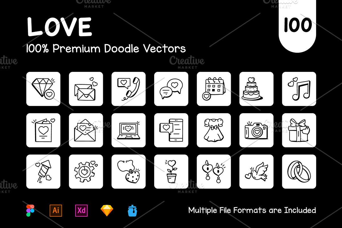 Pack of 100 Hand Drawn Love Icons