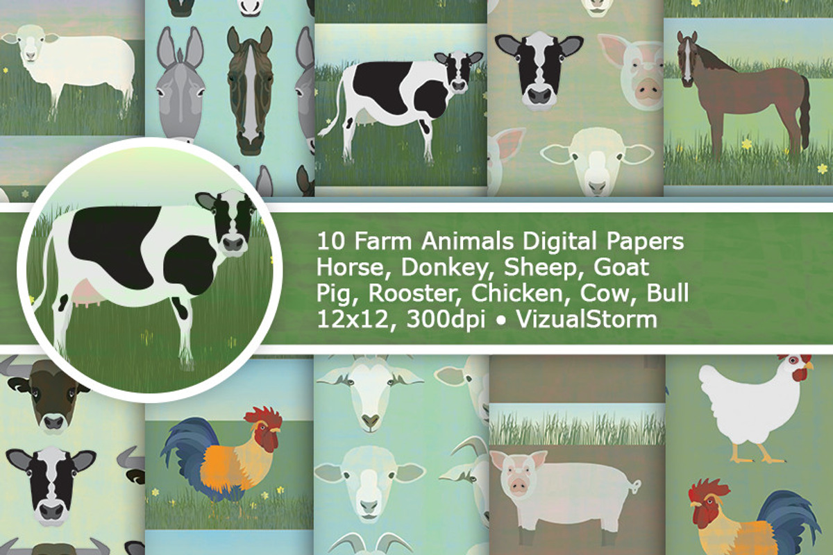 Farm Animal Digital Paper Patterns, a Pattern Graphic by VizualStorm