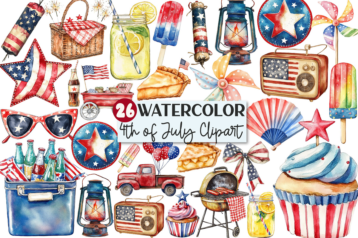 Watercolor Retro 4th of July Clipart, an Illustration by Rose Art