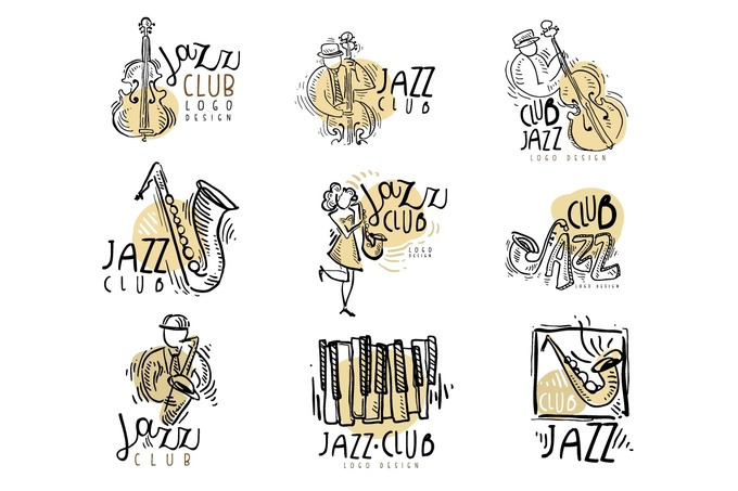 Jazz club labels set. Vintage hand drawn vector Illustrations ...