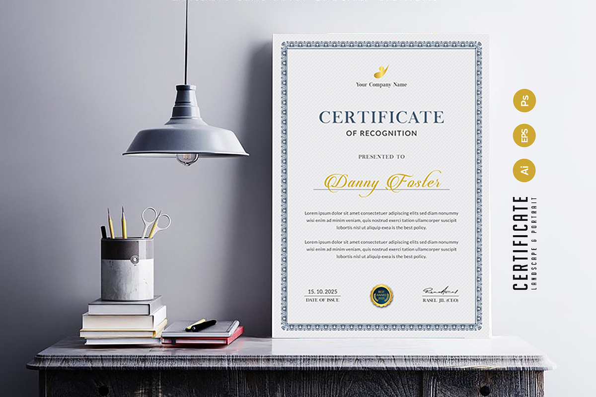 129. Clean Certificate Template, a Stationery Template by CreativeRezwan