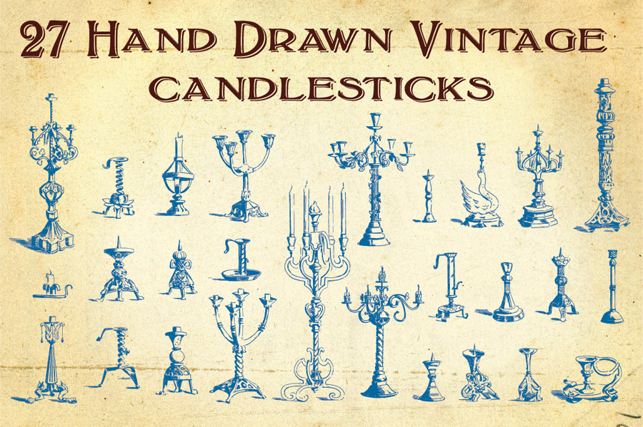 27 Hand Drawn Vintage Candlesticks, a Decorative Illustration by Mr Vintage