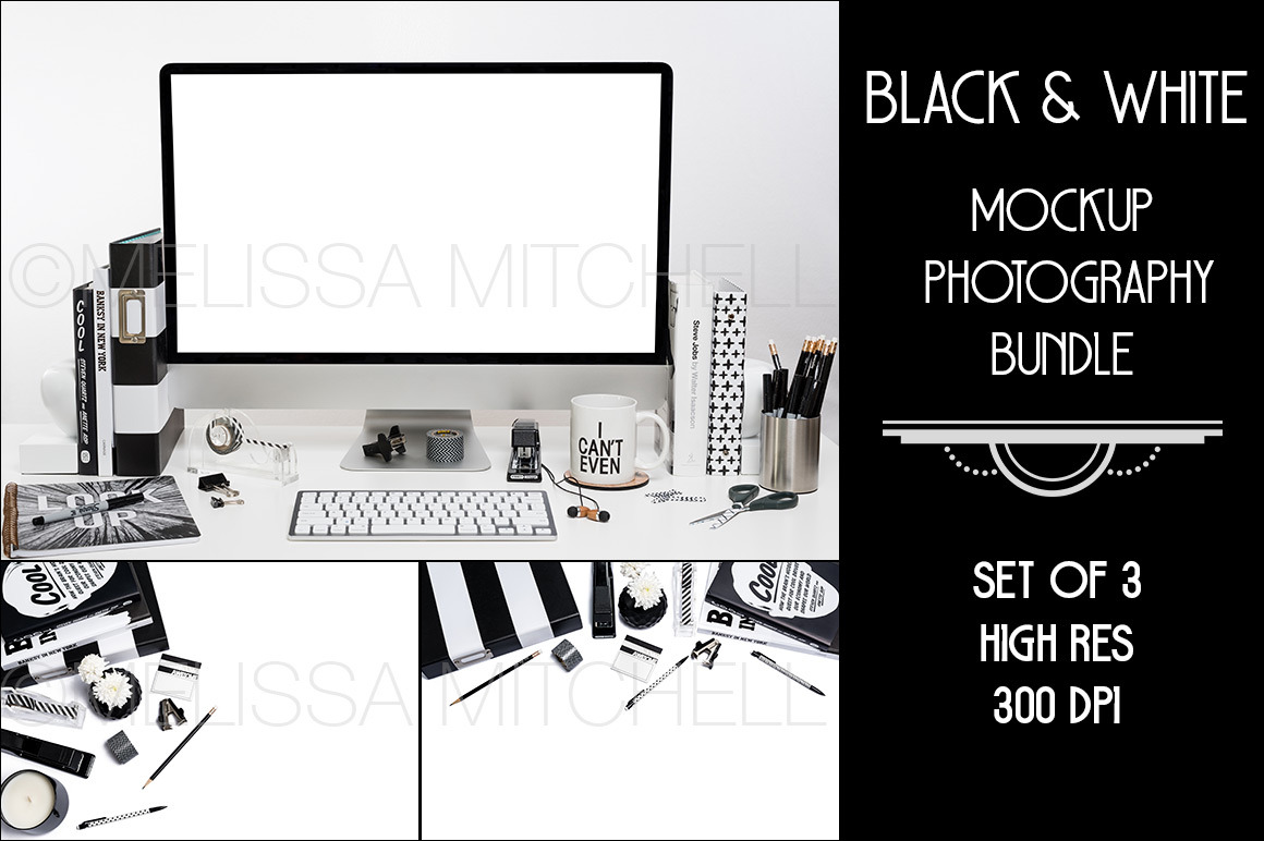 Bundle X 3 Black & White Mockup #1, a Mac Mockup by MMStyledStock