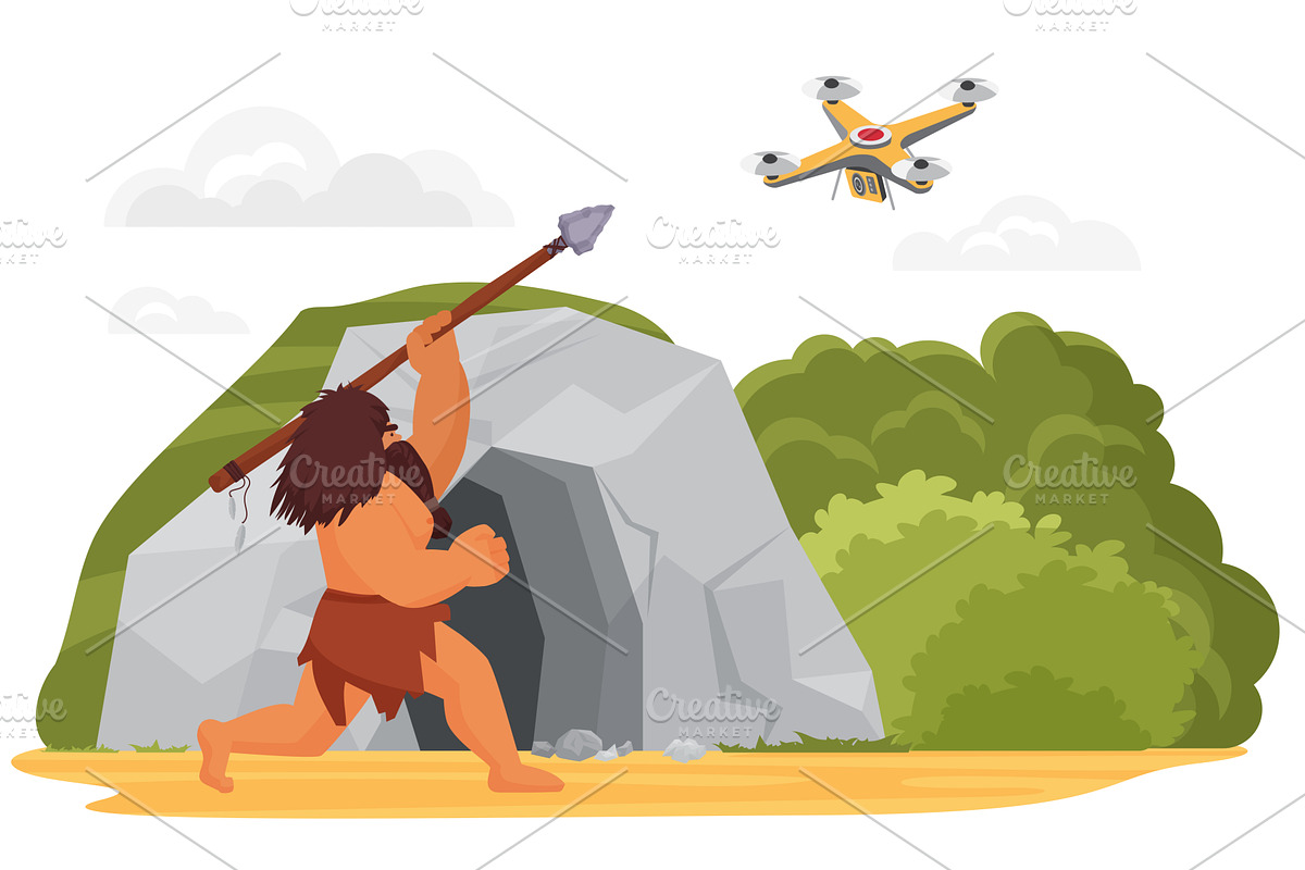 Cave man hunting on drone, a Person Illustration by Lemberg Vector ...
