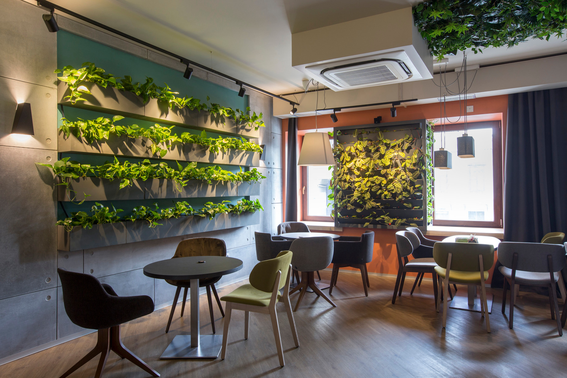 Modern cafe interior style, green ec, a Background Photo by Prostock-Studio